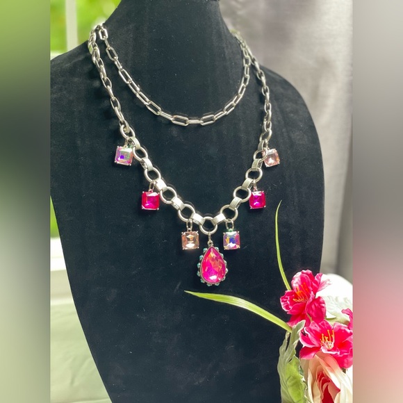Jewelry | Multi Colored Crystal Double Layered Silver Chunky Necklace ...